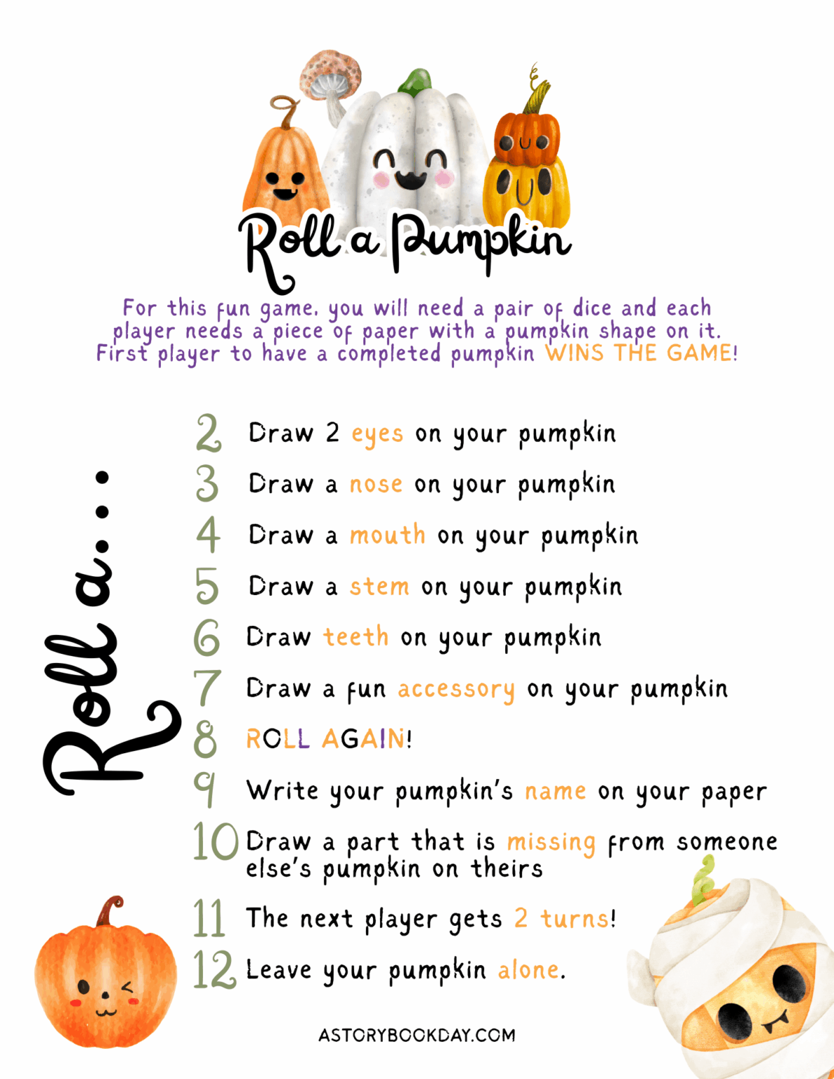 Free Printable Roll A Pumpkin Game for Kids - A Storybook Day