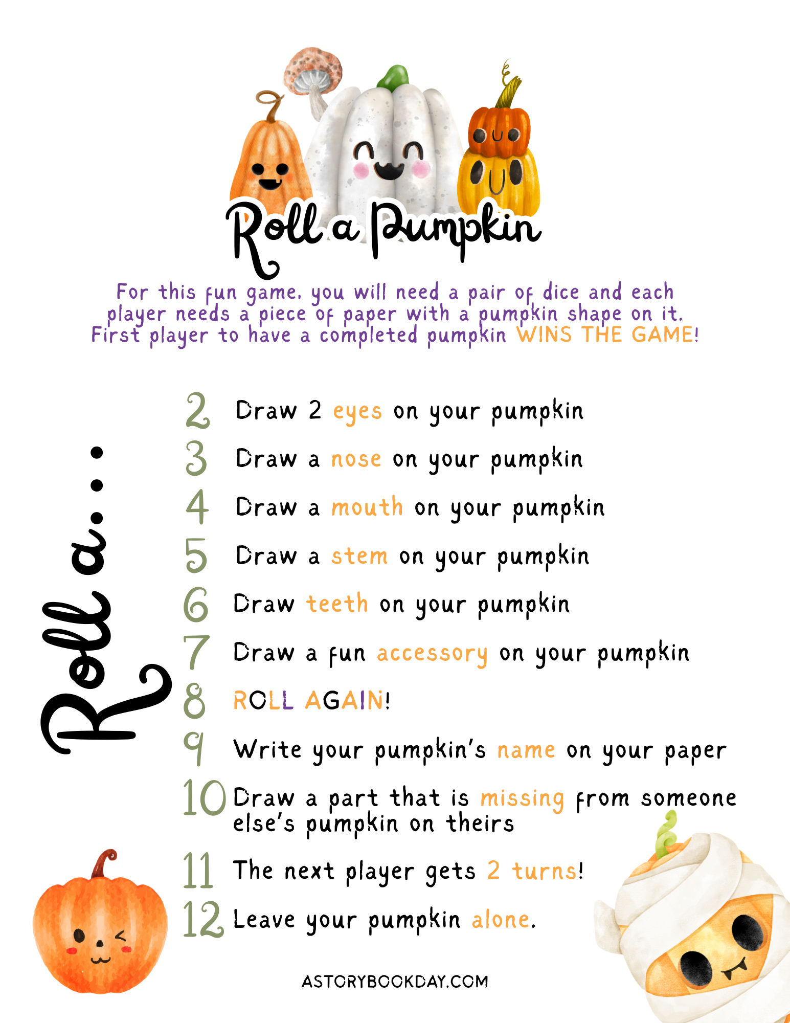Free Printable Roll A Pumpkin Game for Kids - A Storybook Day