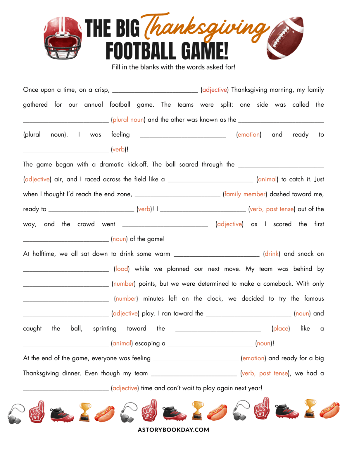 The Big Thanksgiving Football Mad Lib for Kids: Free Printable - A ...