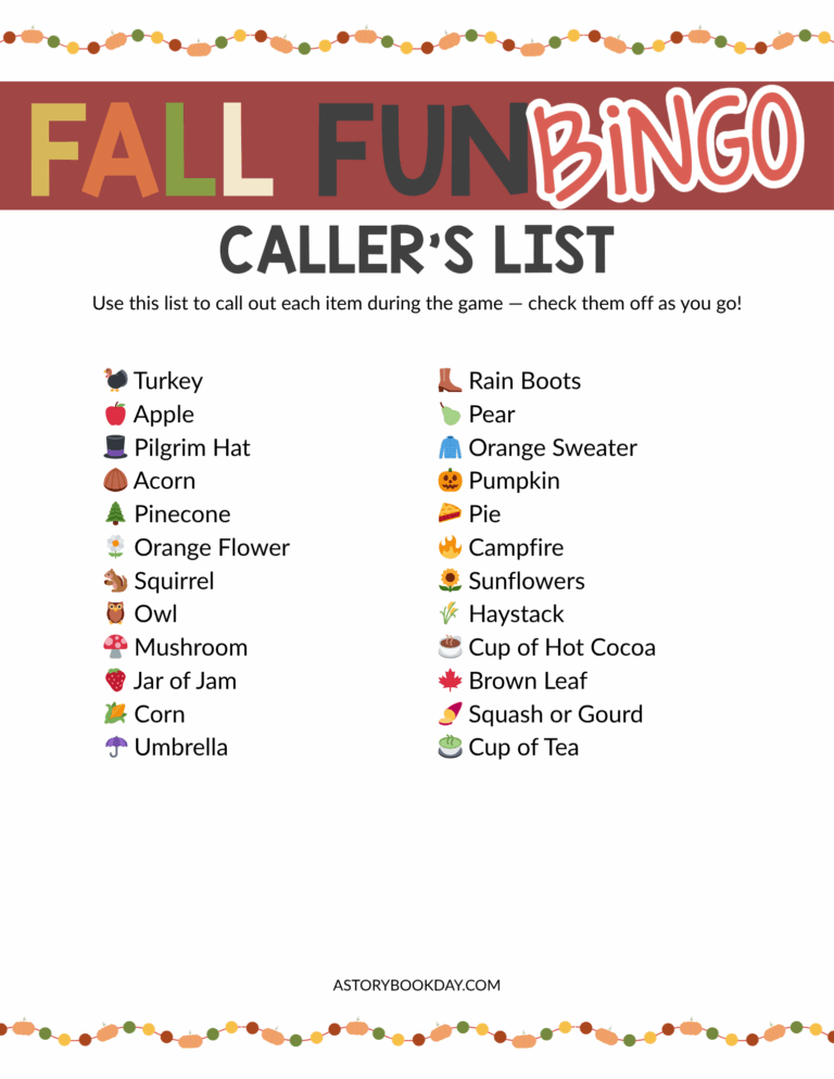 Fall Fun Bingo Printable Game for Kids - A Storybook Day